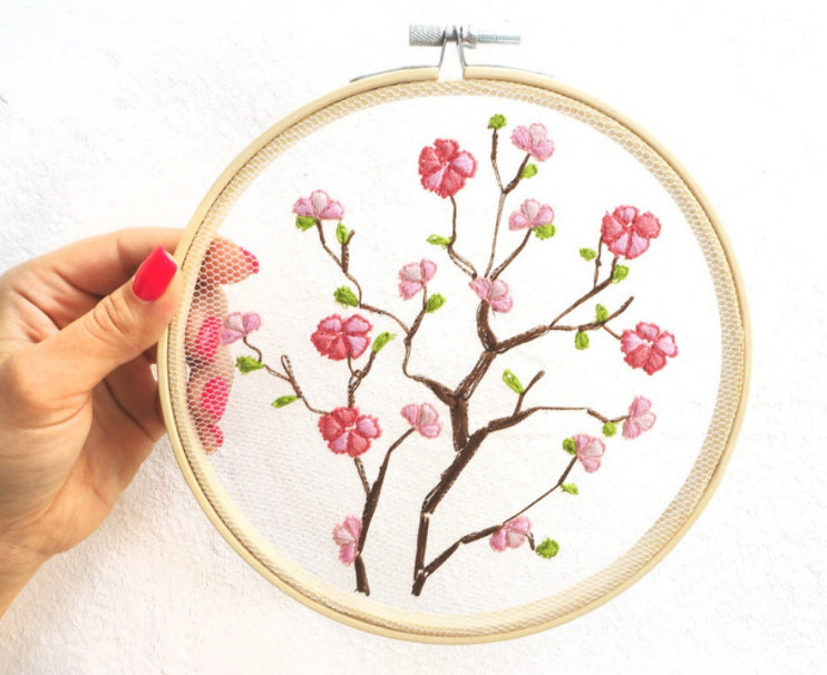 Kirsebærblomst - frit broderi på tyl kit - Broderikit - Alle kits ...